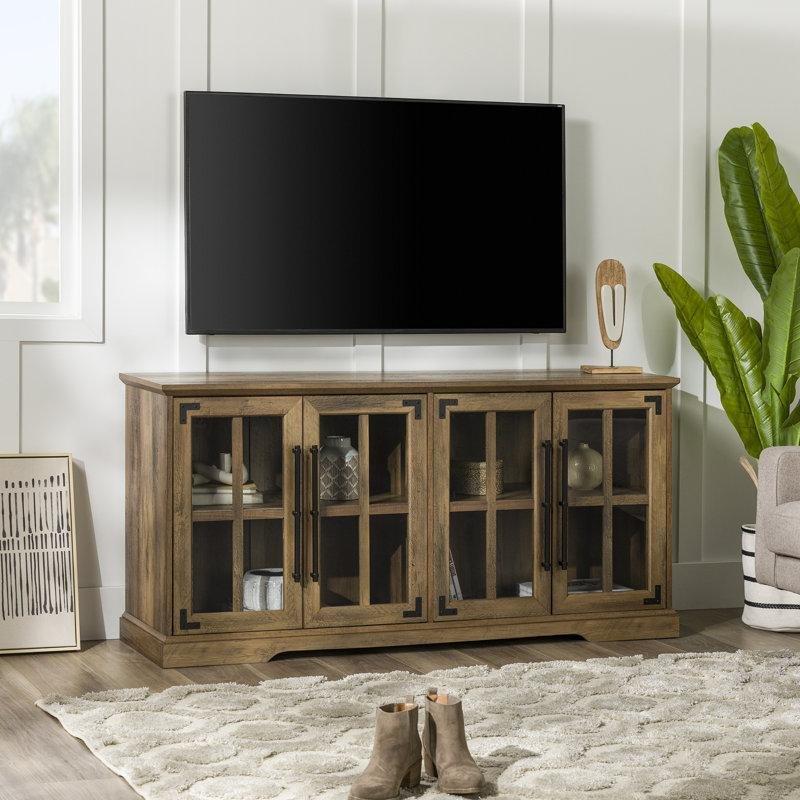 Endüstriyel Ahşap Dört Kapılı Cam Panelli 147 cm Dolaplı TV Ünitesi ...