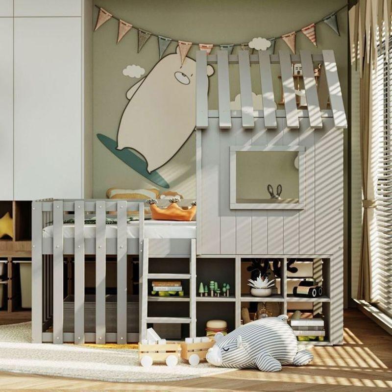 Gri Masif Çam Ağacı Ev Konseptli ve Raflı Montessori Ranza - 90x200 cm ...