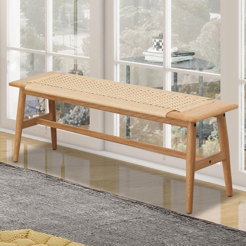 Bej El Dokuması Masif Meşe Ahşap Rustik Bench - 81 cm - 164113 - Mimarzade