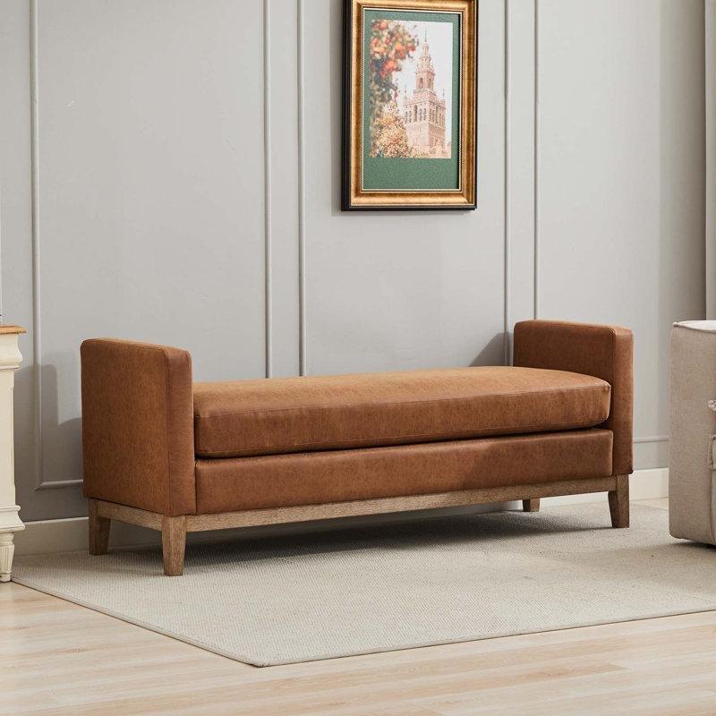Suni Deri Döşemeli Yivli Ahşap Kollu Bench - 169 cm - 164239 - Mimarzade
